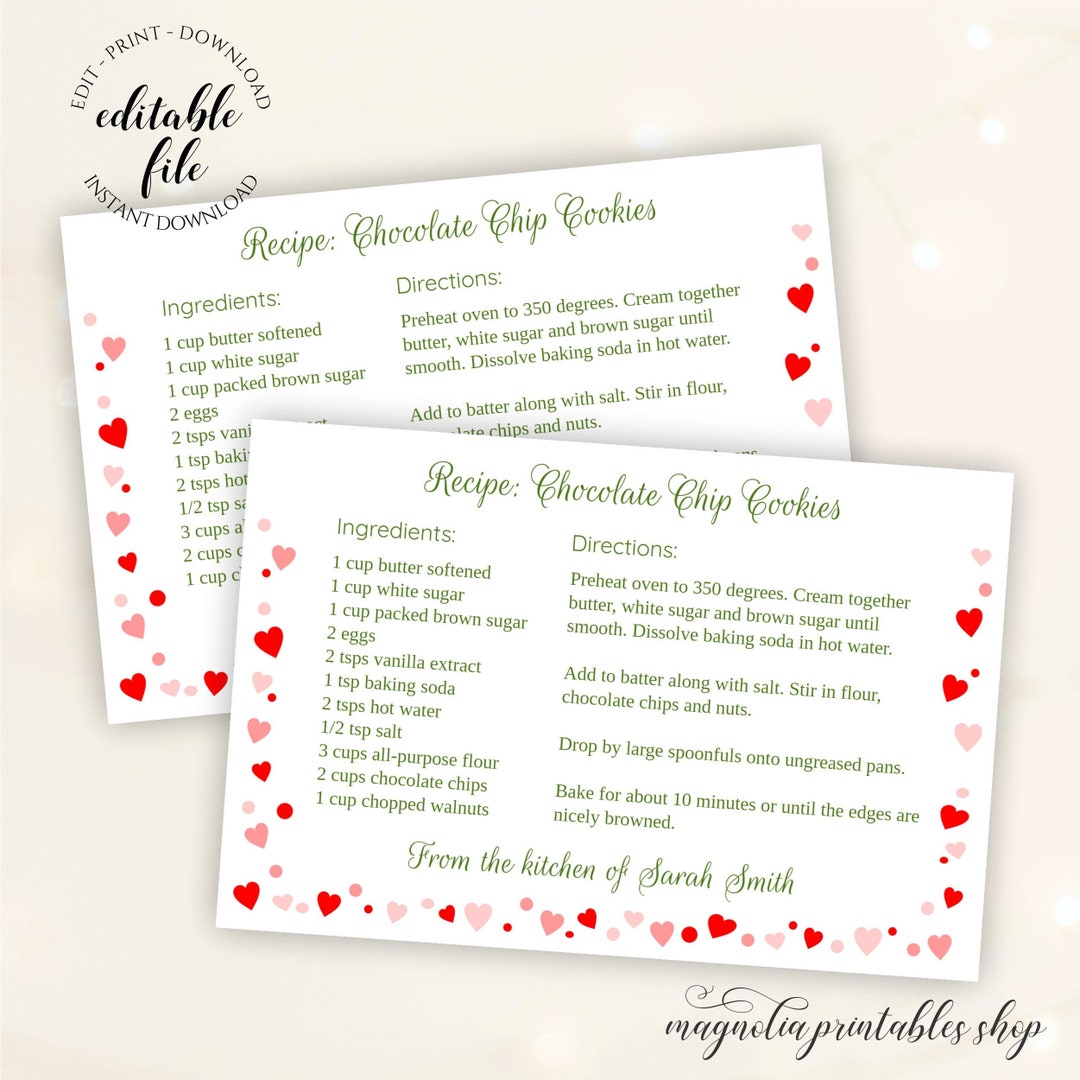 Editable Valentine's Day Recipe Card, Tiny Pink Red Hearts Recipe ...