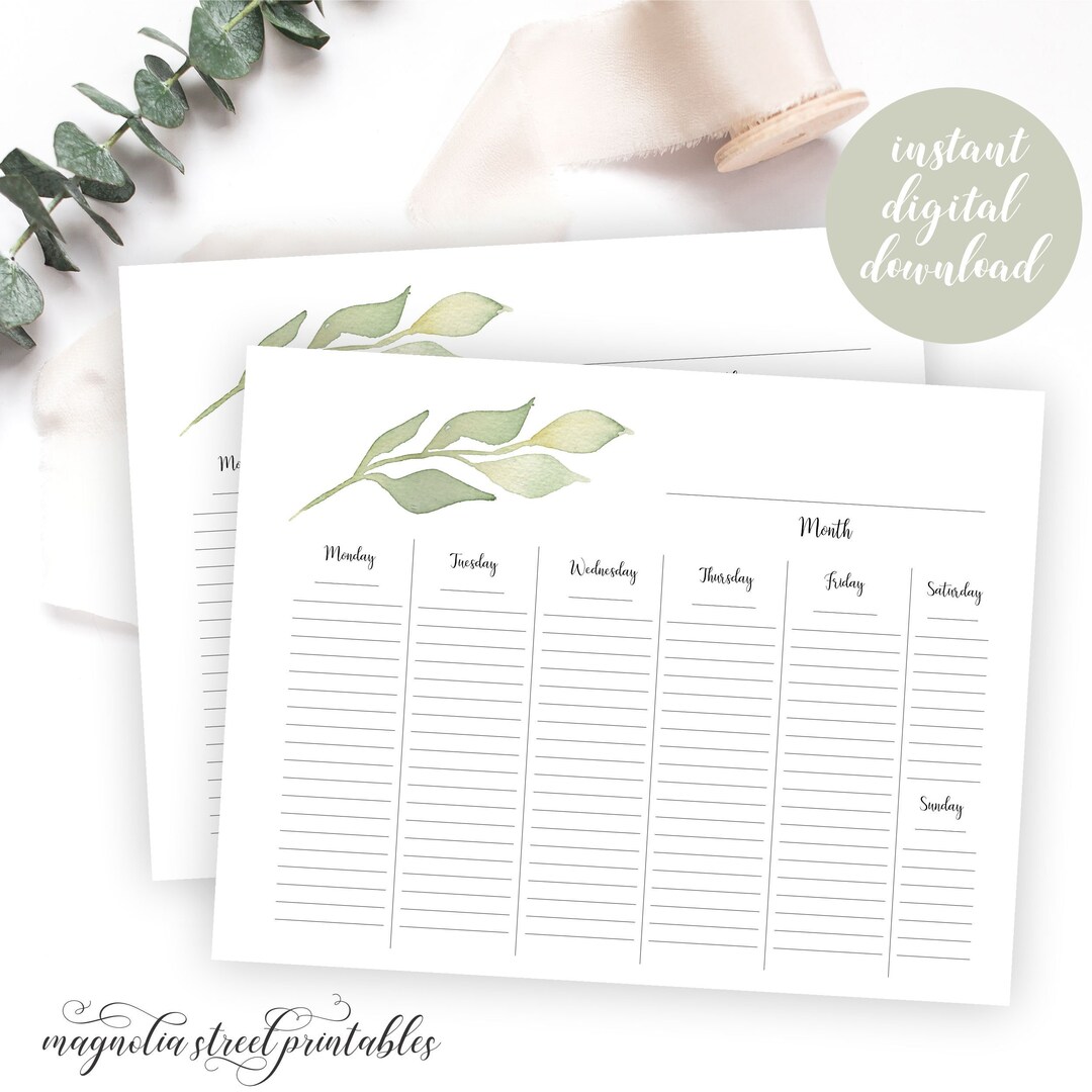 Printable Weekly Calendar or Organizer, Minimal Greenery Leaves Planner ...