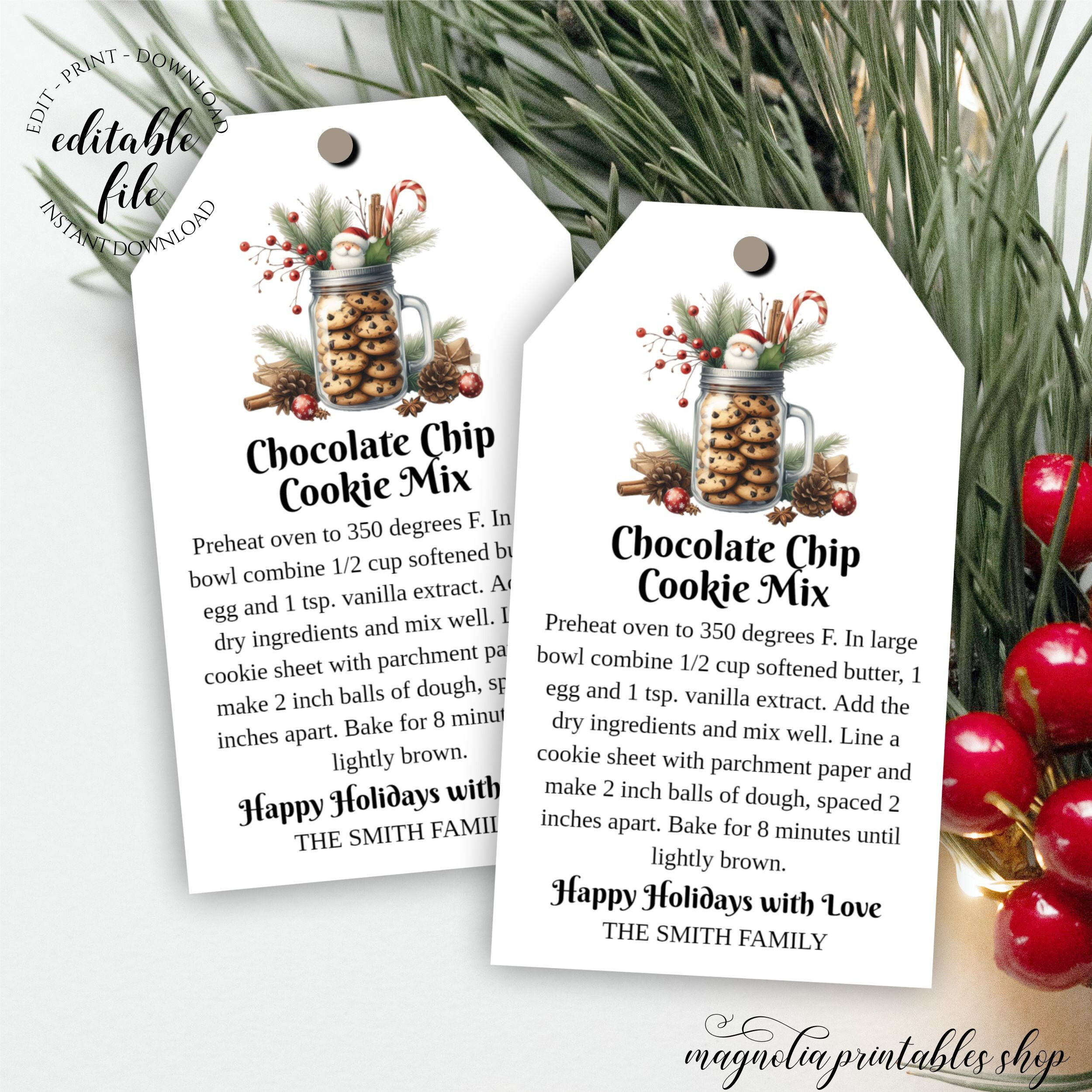 Cookies in a Jar Tag, Mason Jar Chocolate Chip Cookie Mix Tag Template ...