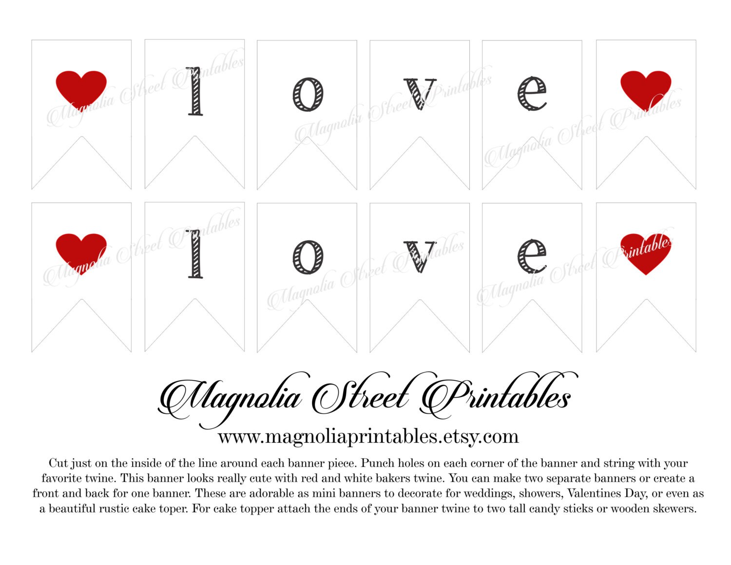 Printable Love Banner With Hearts, Simple Mini Love Bunting for Cake ...
