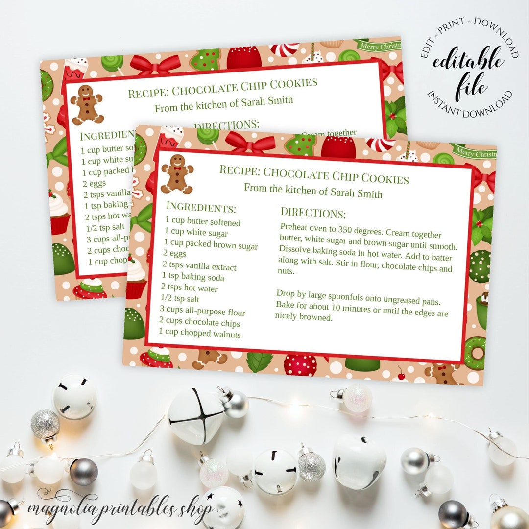 Editable Christmas Recipe Card, Cookie Exchange Recipe Card Template ...
