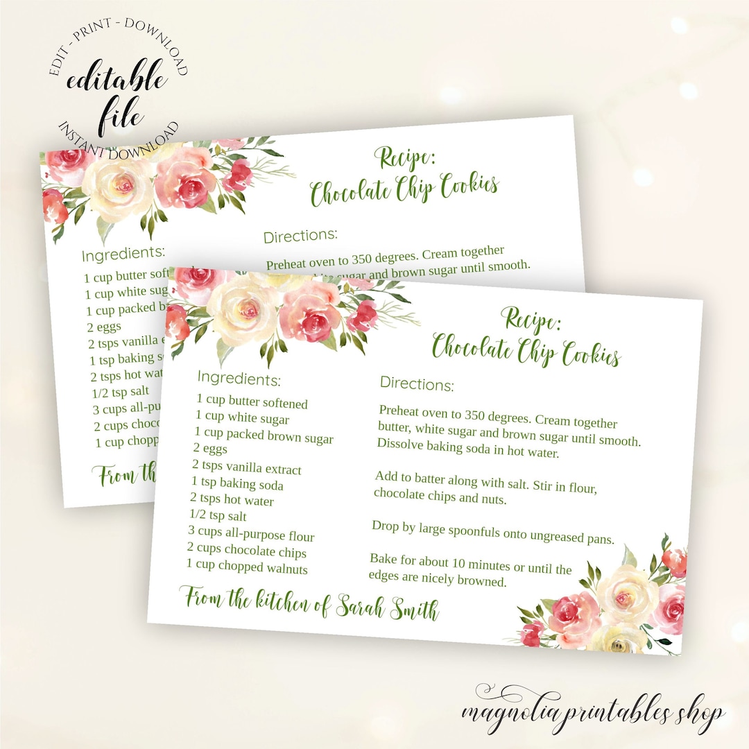 Editable Valentine's Day Recipe Card, Pink Blush Flowers Recipe ...