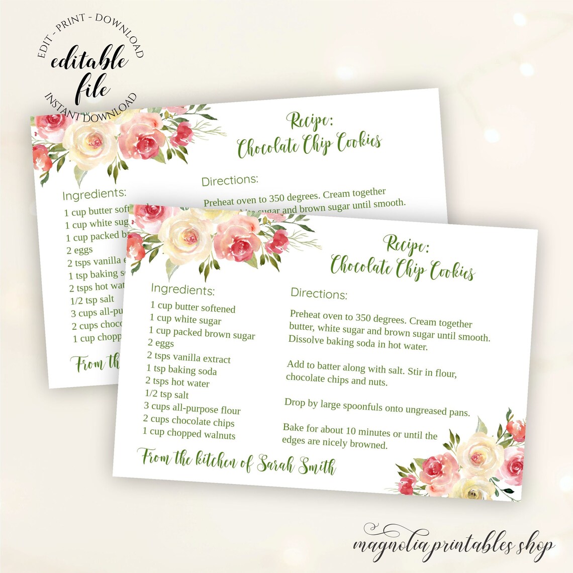 Editable Valentine's Day Recipe Card, Pink Blush Flowers Recipe ...