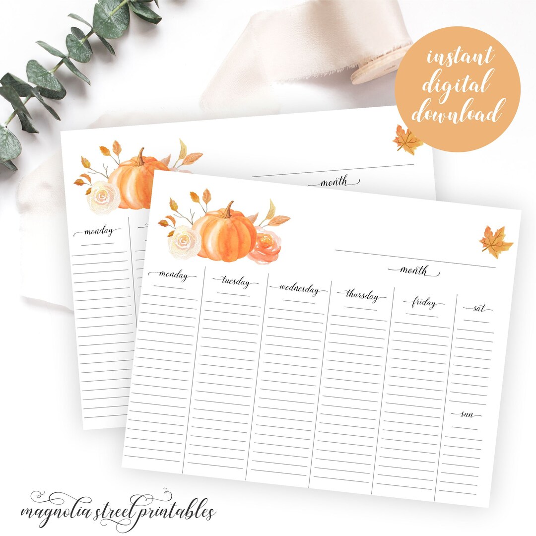 Printable Weekly Calendar or Organizer, Pretty Fall Pumpkin and Floral ...