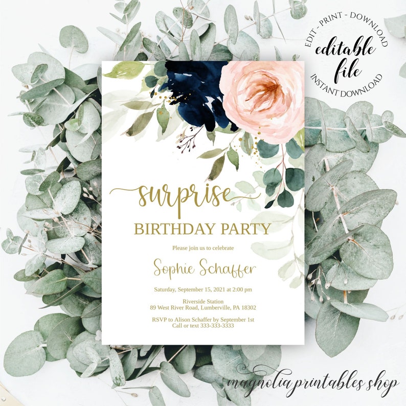 Navy and Blush Surprise Birthday Party Invitation Template - Etsy