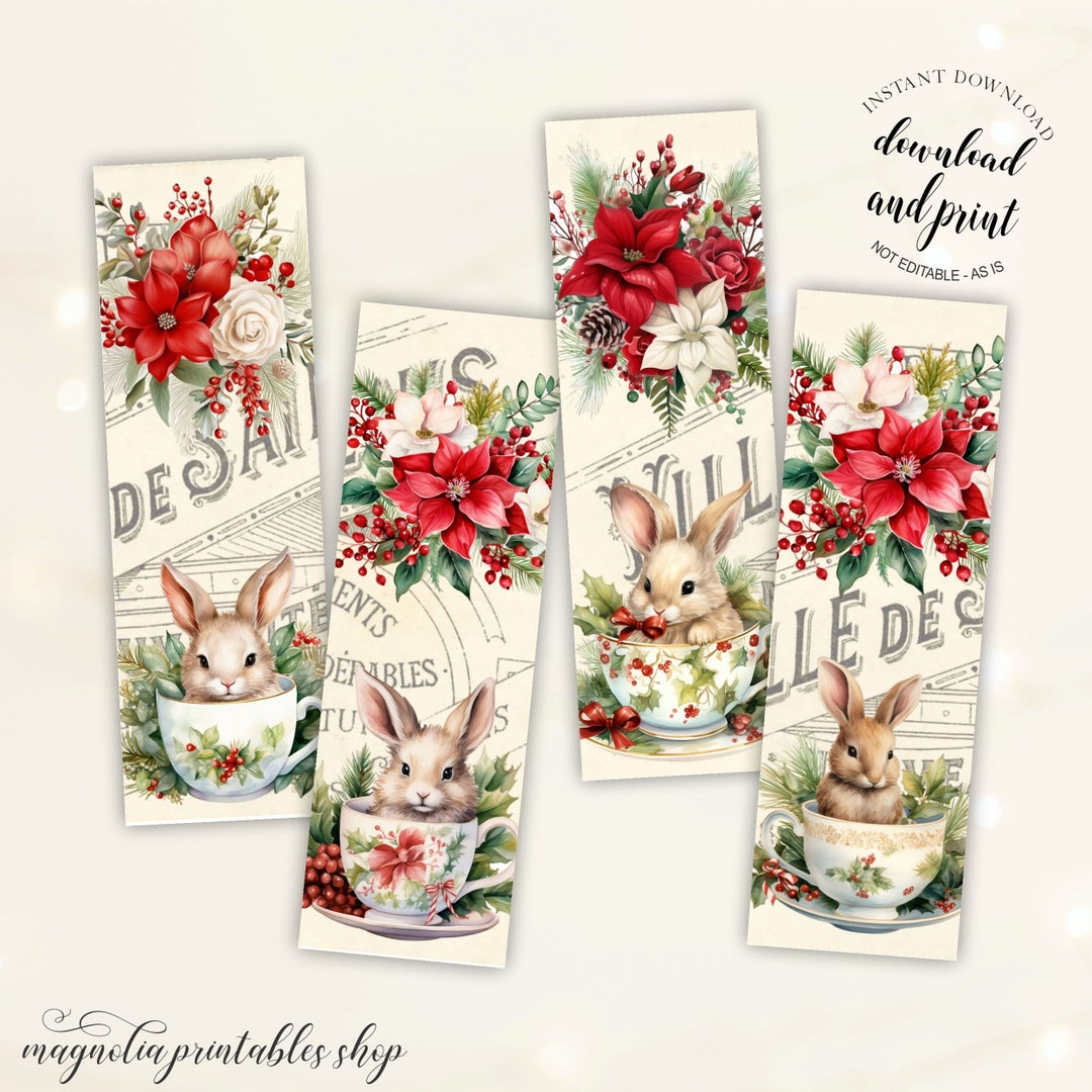Printable Vintage Christmas/holiday Bookmarks, Christmas Bunnies in Tea ...