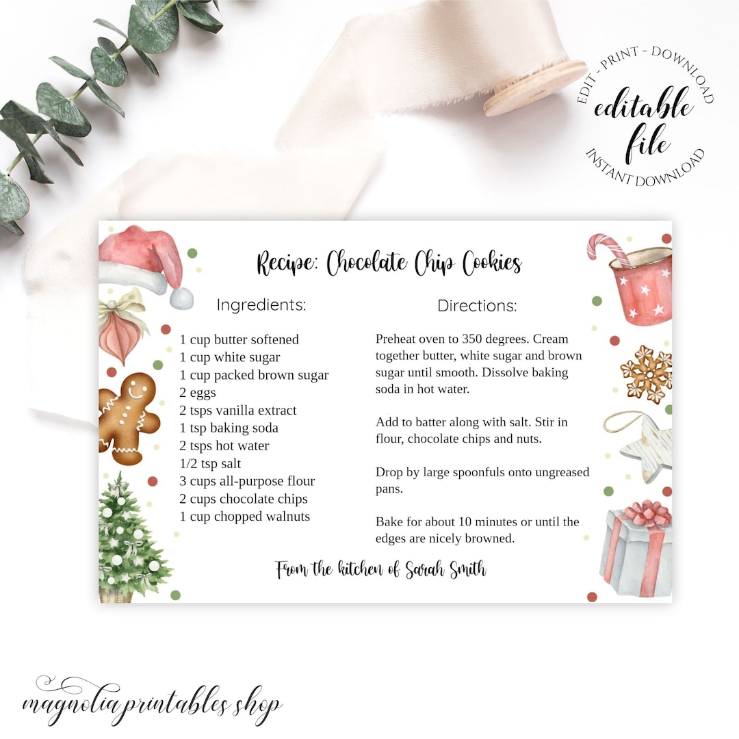 Editable Christmas Recipe Card, Festive Cookie Exchange Template ...