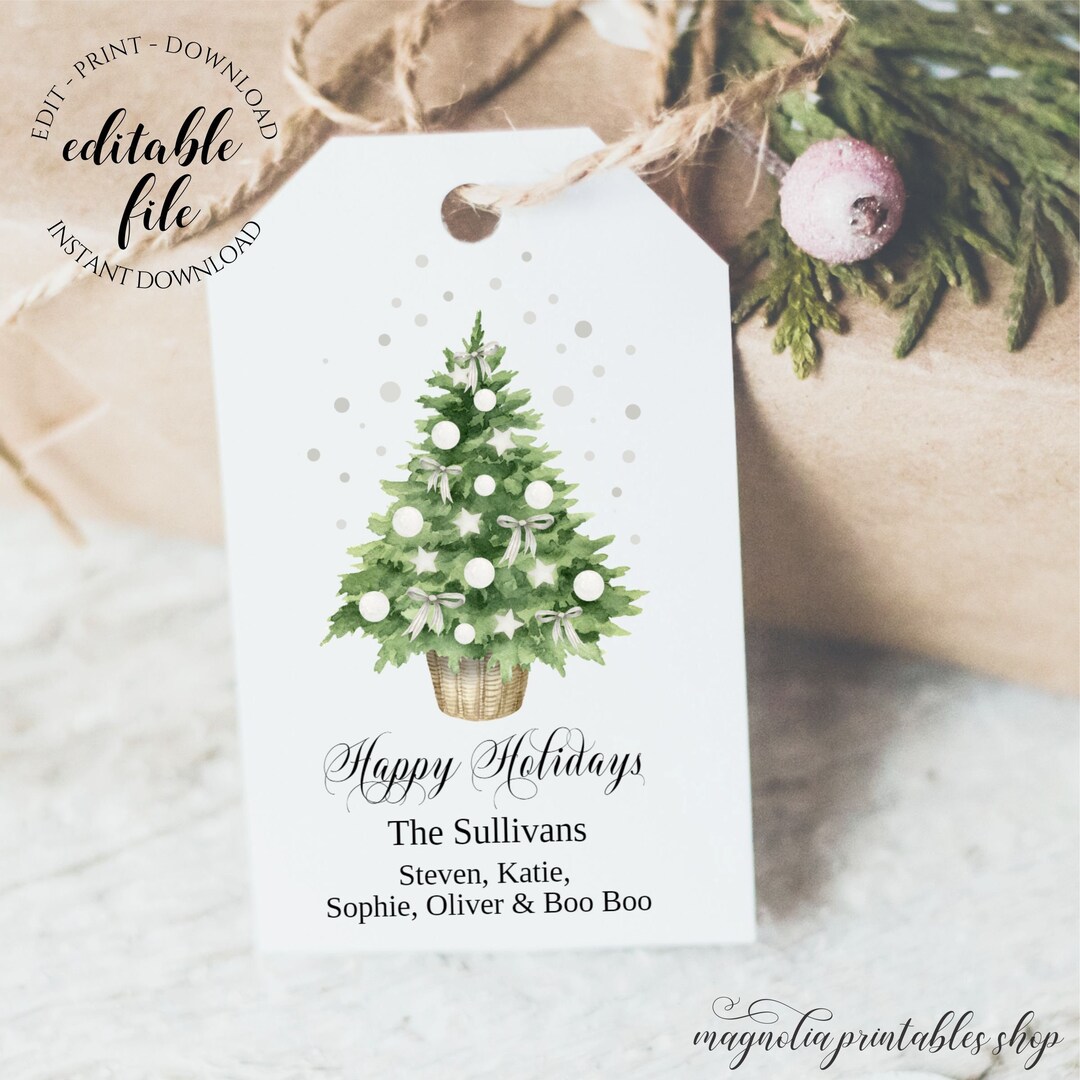 Editable Happy Holidays Gift Tag, Christmas Tree and Snow Present Favor ...