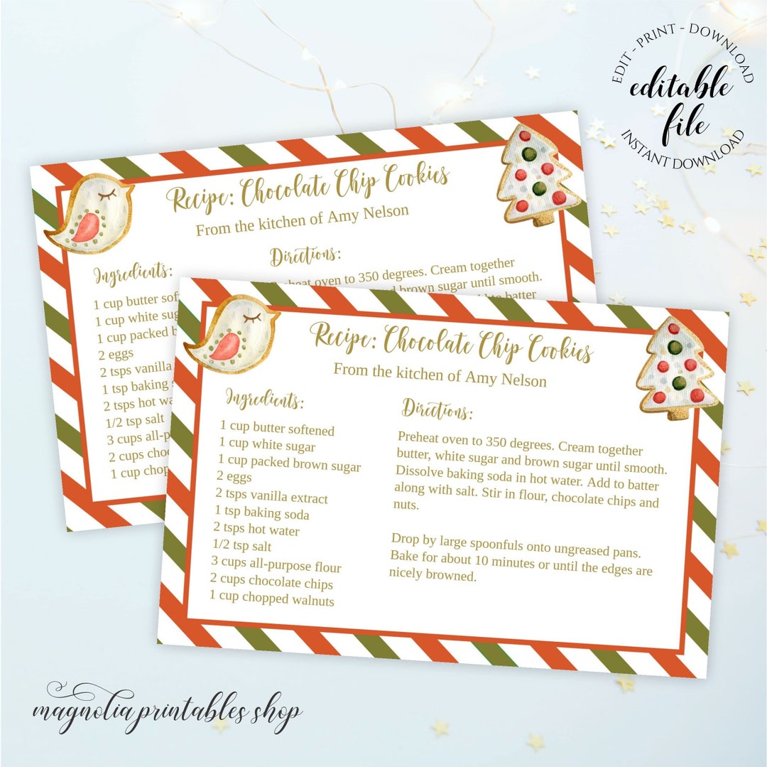 Cookie Exchange Recipe Card Template, Christmas or Holiday Recipe Card ...