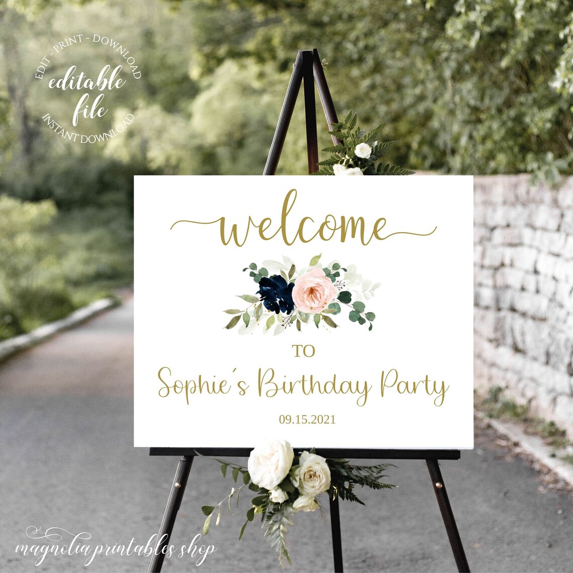 Navy and Blush Birthday Party Welcome Sign Editable | Etsy