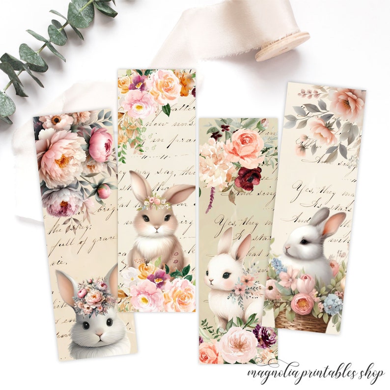 Printable Easter Bookmarks, Vintage Style Bunnies, Spring Rabbits and ...