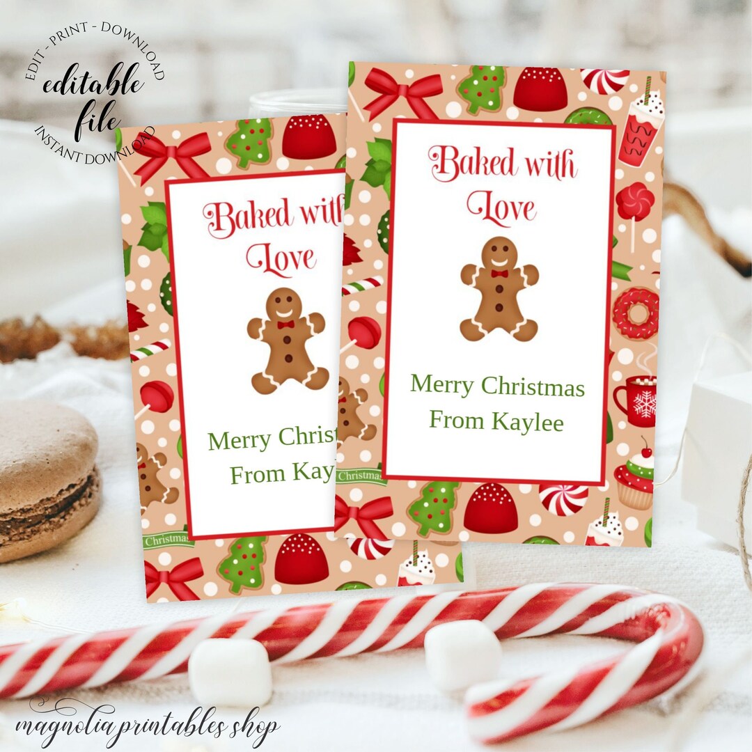 Editable Baked With Love Gift Tag, Christmas Cookies, Baked Goods Favor ...