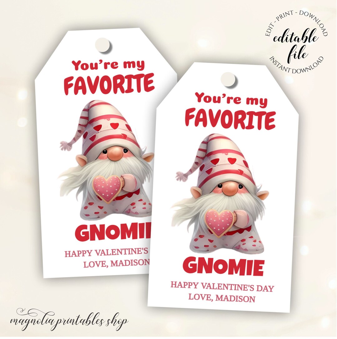 Cute Valentine's Day Gnome Gift Tag Template, Editable Gnomie Tag for ...