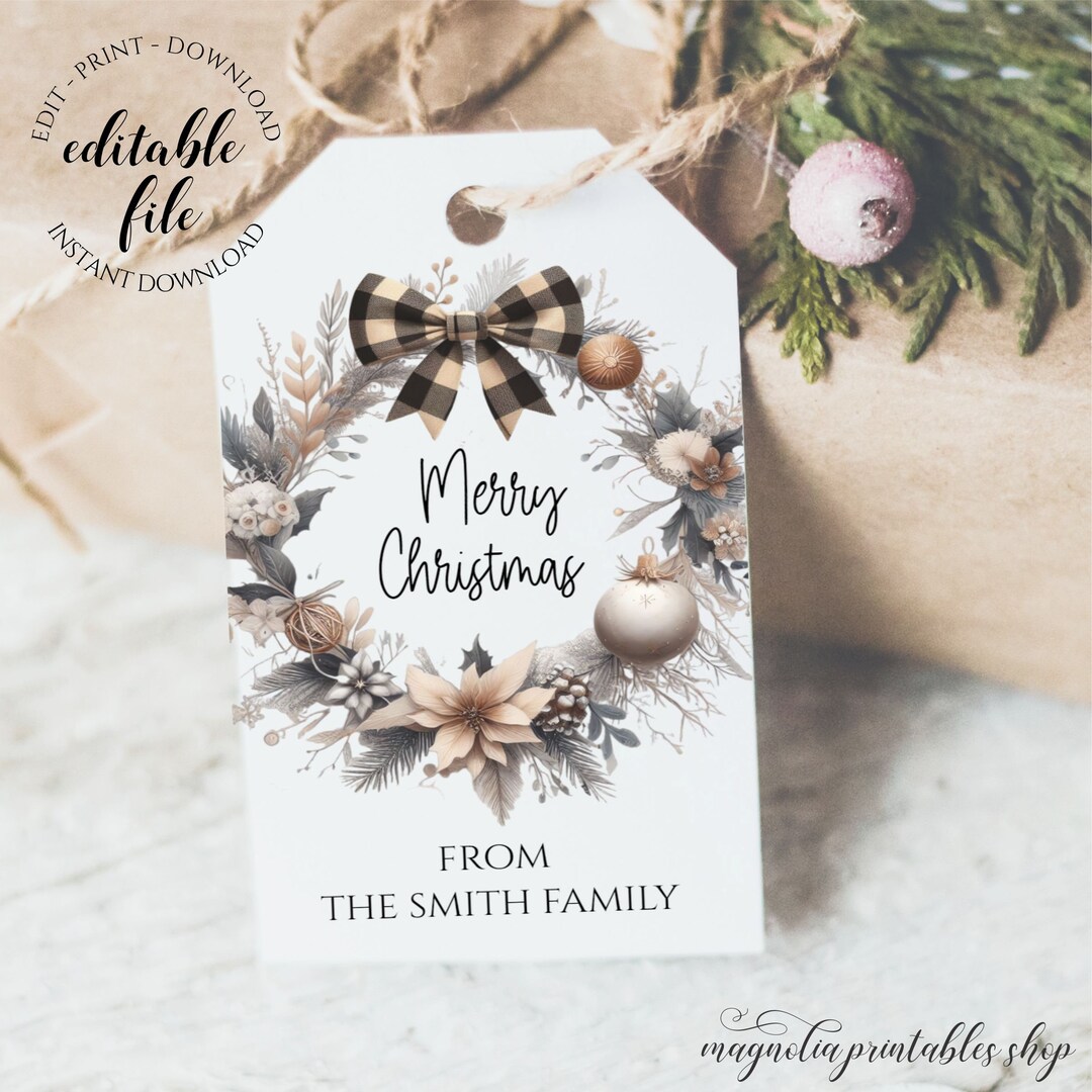 Editable Merry Christmas Gift Tag, Neutral Color Wreath and Buffalo ...
