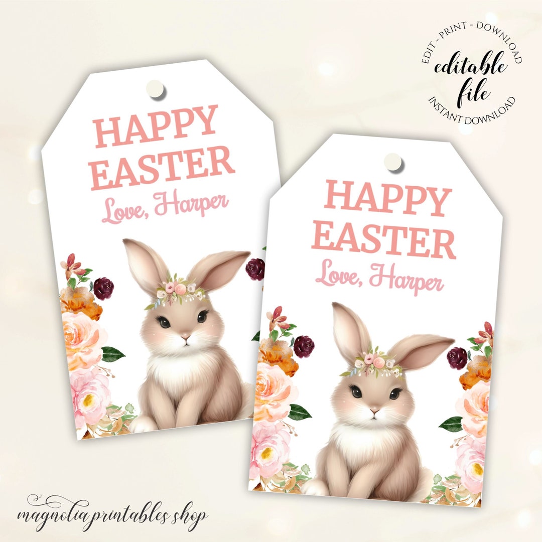 Easter Gift Tag Template, Editable Brown Bunny Happy Easter Tag, Rabbit ...