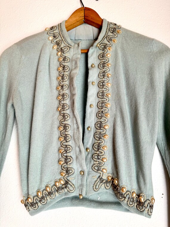 Vintage 1950s - Early 1960s Pale Ice Blue Knit Cashme… - Gem