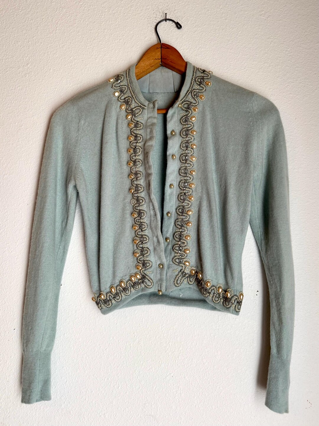 Vintage 1950s - Early 1960s Pale Ice Blue Knit Cashmere Cardigan ...