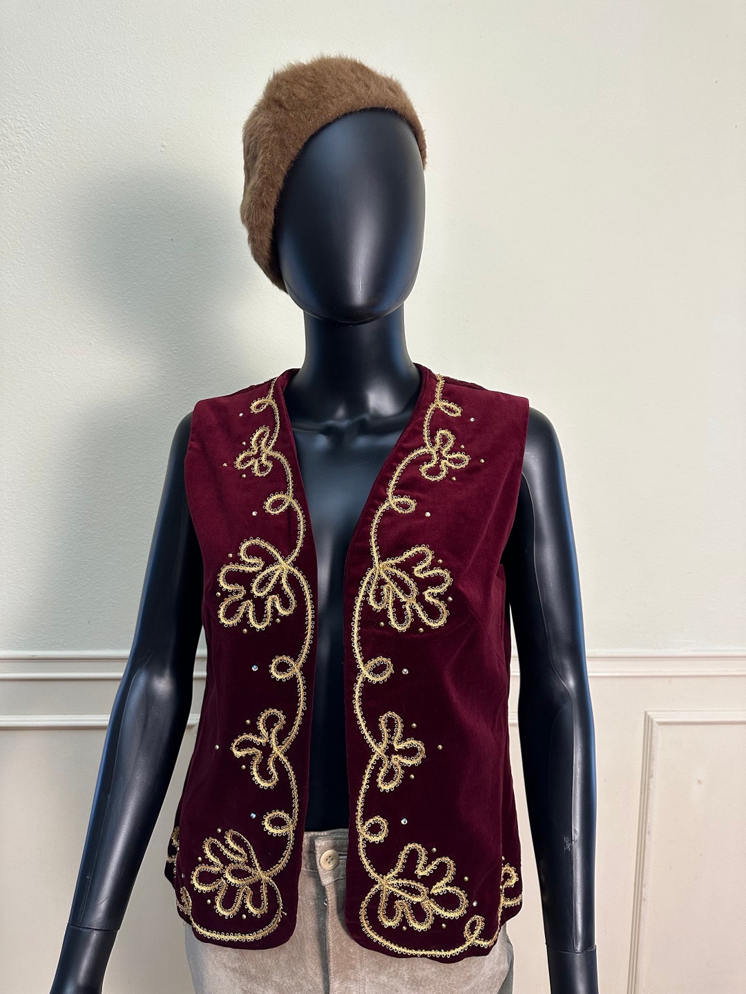 Vintage Late 1960s - Early 1970s Silk Velvet Burgundy Hippie Waistcoat ...