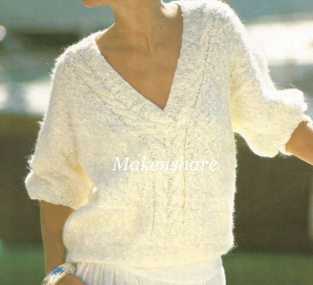 Knitting Pattern Ladies/woman's V Neck Aran Mohair Sweater/jumper Cable ...