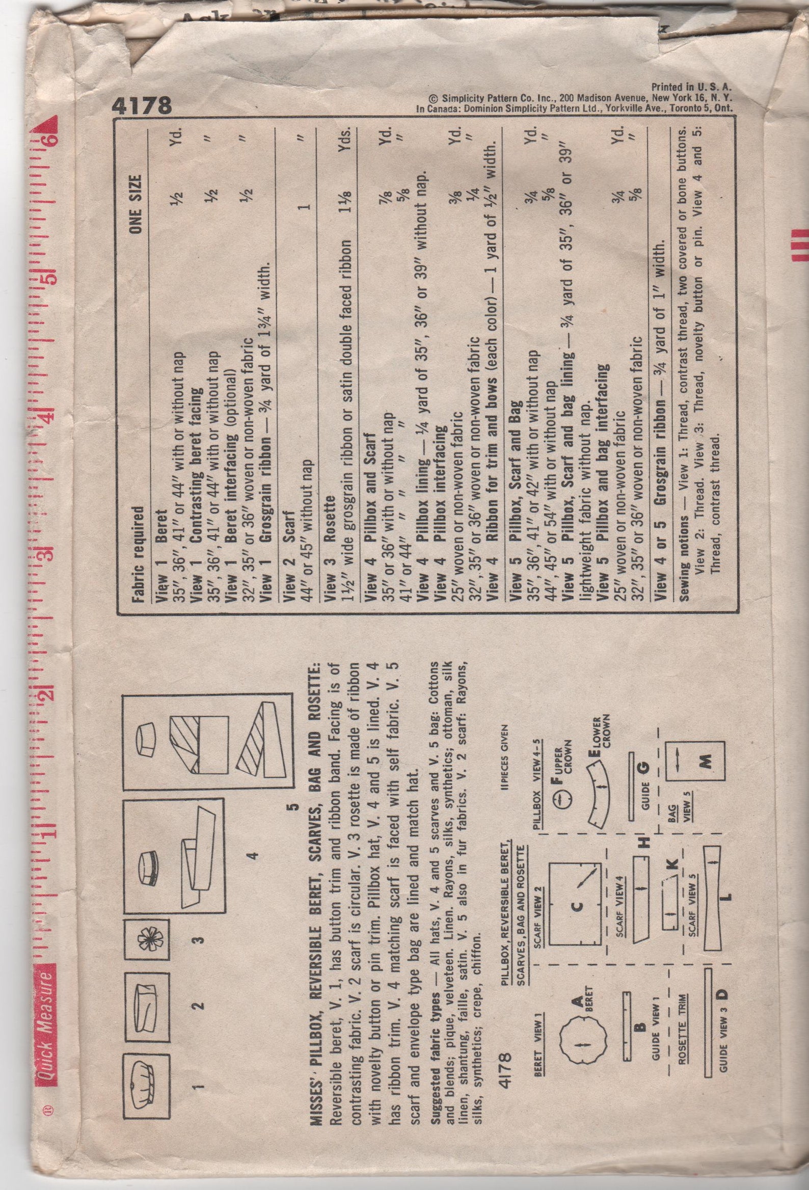 Patterns ~ Simplicity Hat Pattern 4178 One Size 1967 (hat, Scarf, Bag ...