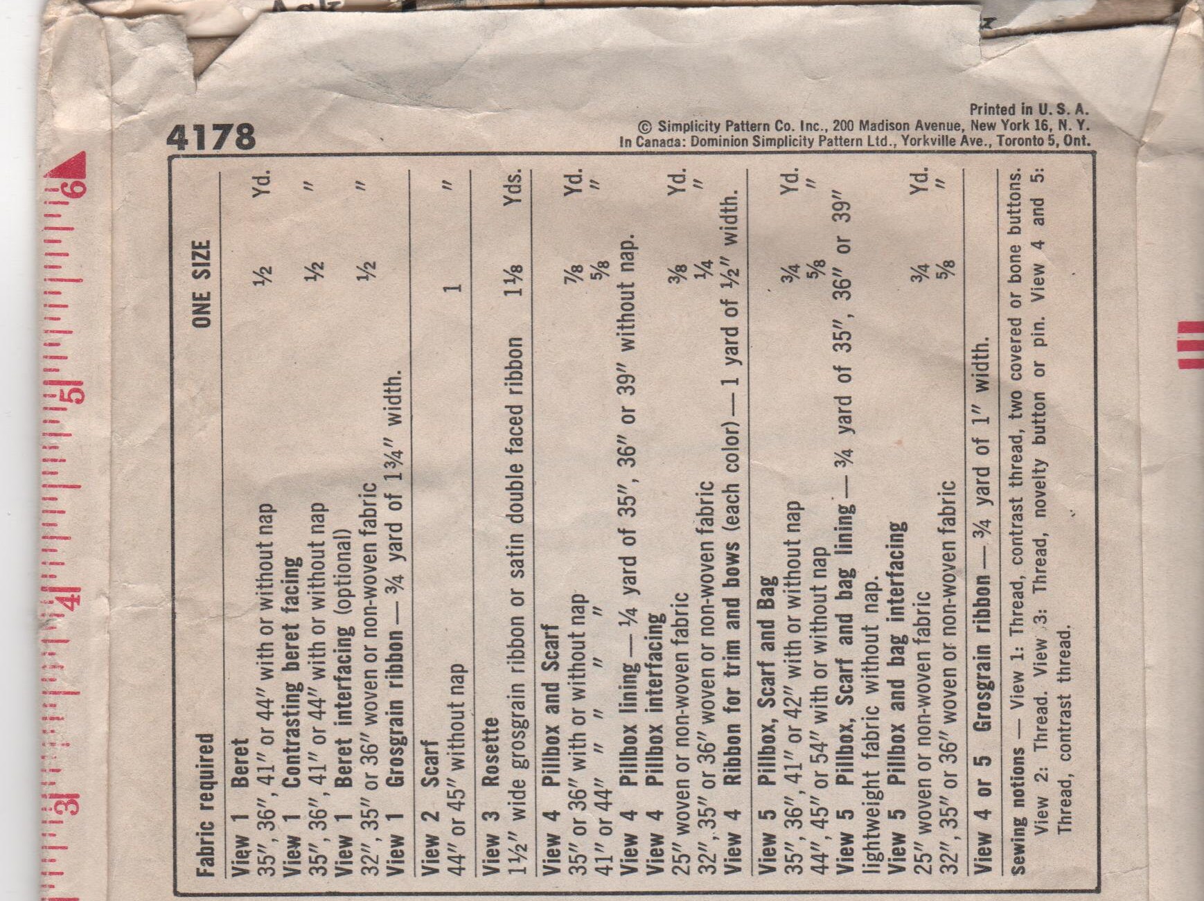 Patterns ~ Simplicity Hat Pattern 4178 One Size 1967 (hat, Scarf, Bag ...