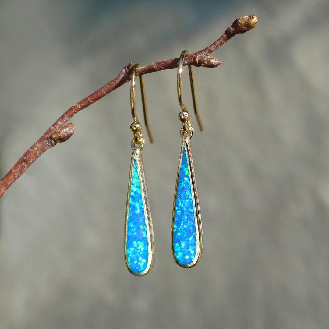 Opal Droplet Earrings: 14K Gold Filled Hooks, Blue Shimmer - Etsy