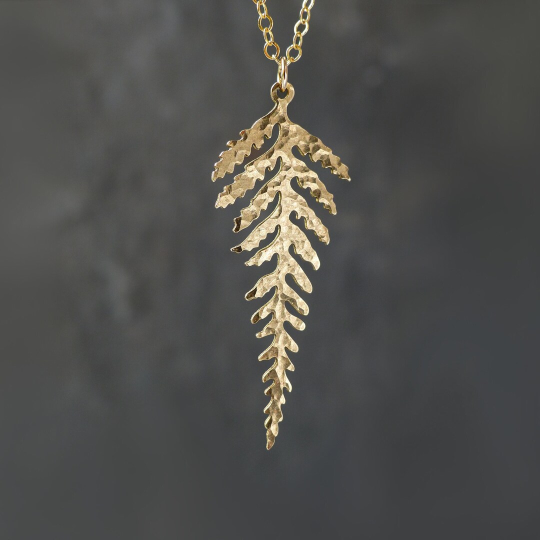 Hammered Golden Fern Pendant: Dainty 14K Gold Filled Chain - Etsy