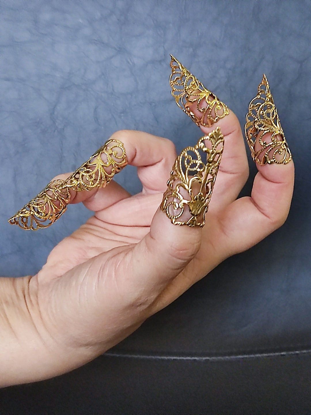 Long Armor Knuckle Nail Set 5 or 10 Tip Rings, Stiletto Vampire Finger ...