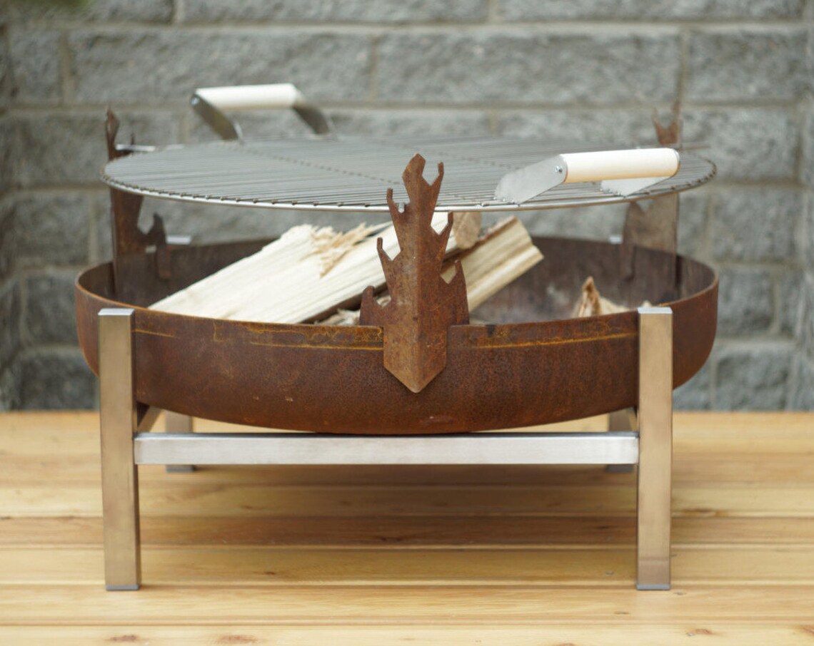 Steel Fire Pit CRATE short With a Stainless Steel Grill BBQ - Etsy