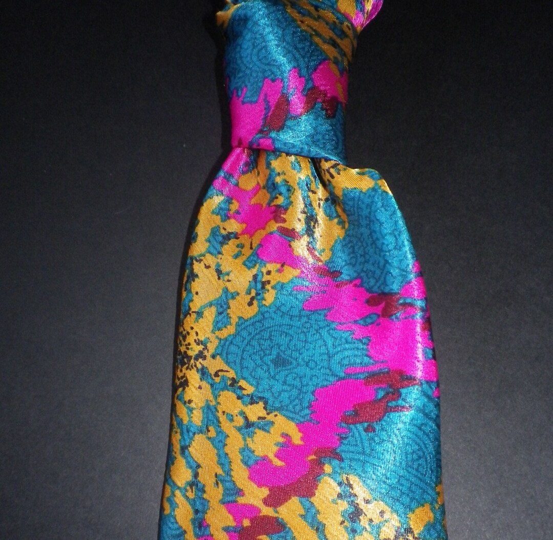 Blue Satin , Cerise and Gold Silk Screen Print Necktie, 9cm Blade, Free ...
