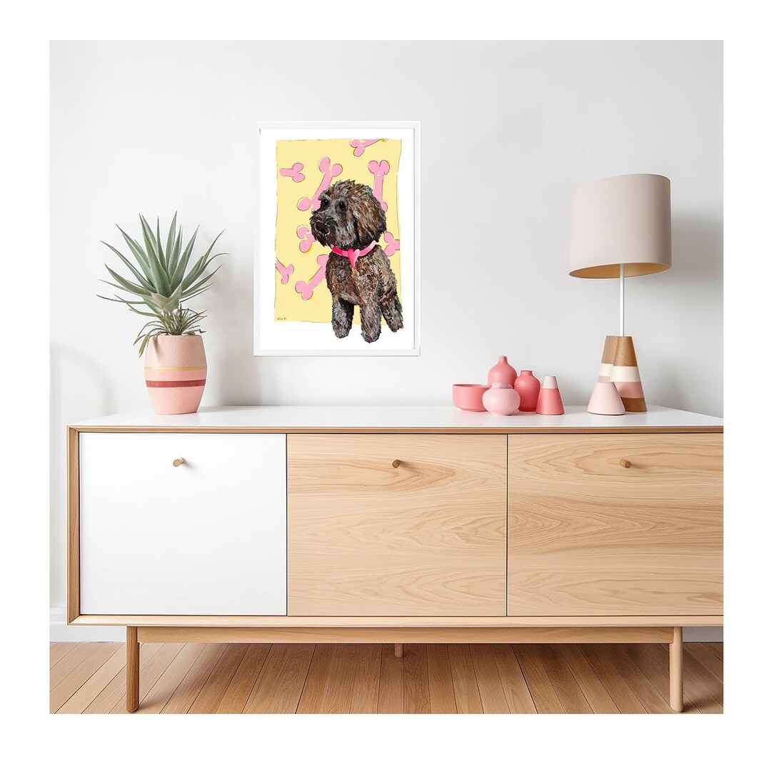 Cockapoo Portrait Print With Pink Collar and Heart and Bone Chews on a ...