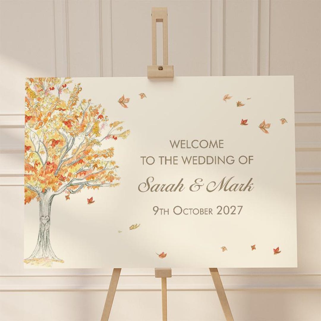 Wedding Welcome Sign – Autumn Tree Illustration, Editable Fall Wedding ...