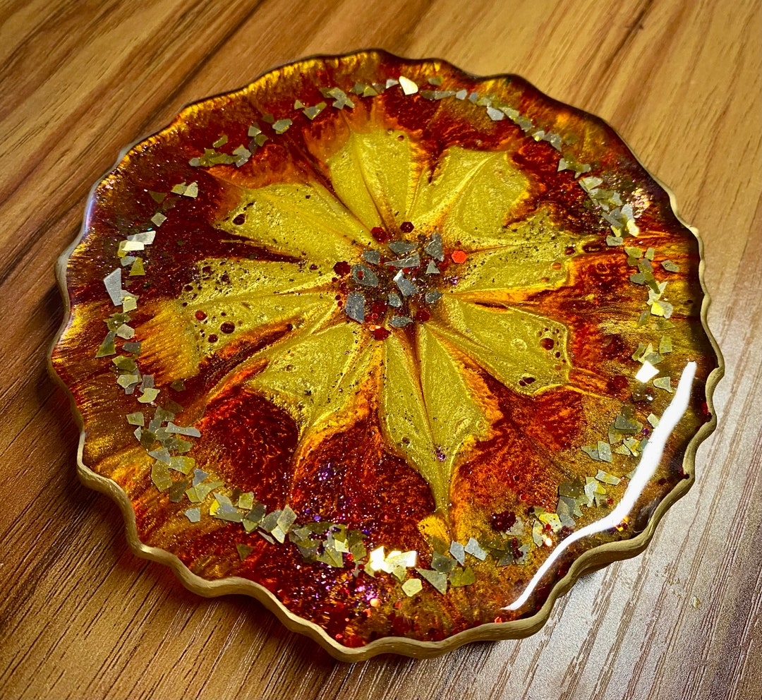 Set of 2 Red, Orange and Gold Shimmer Starburst Large Resin Coasters ...