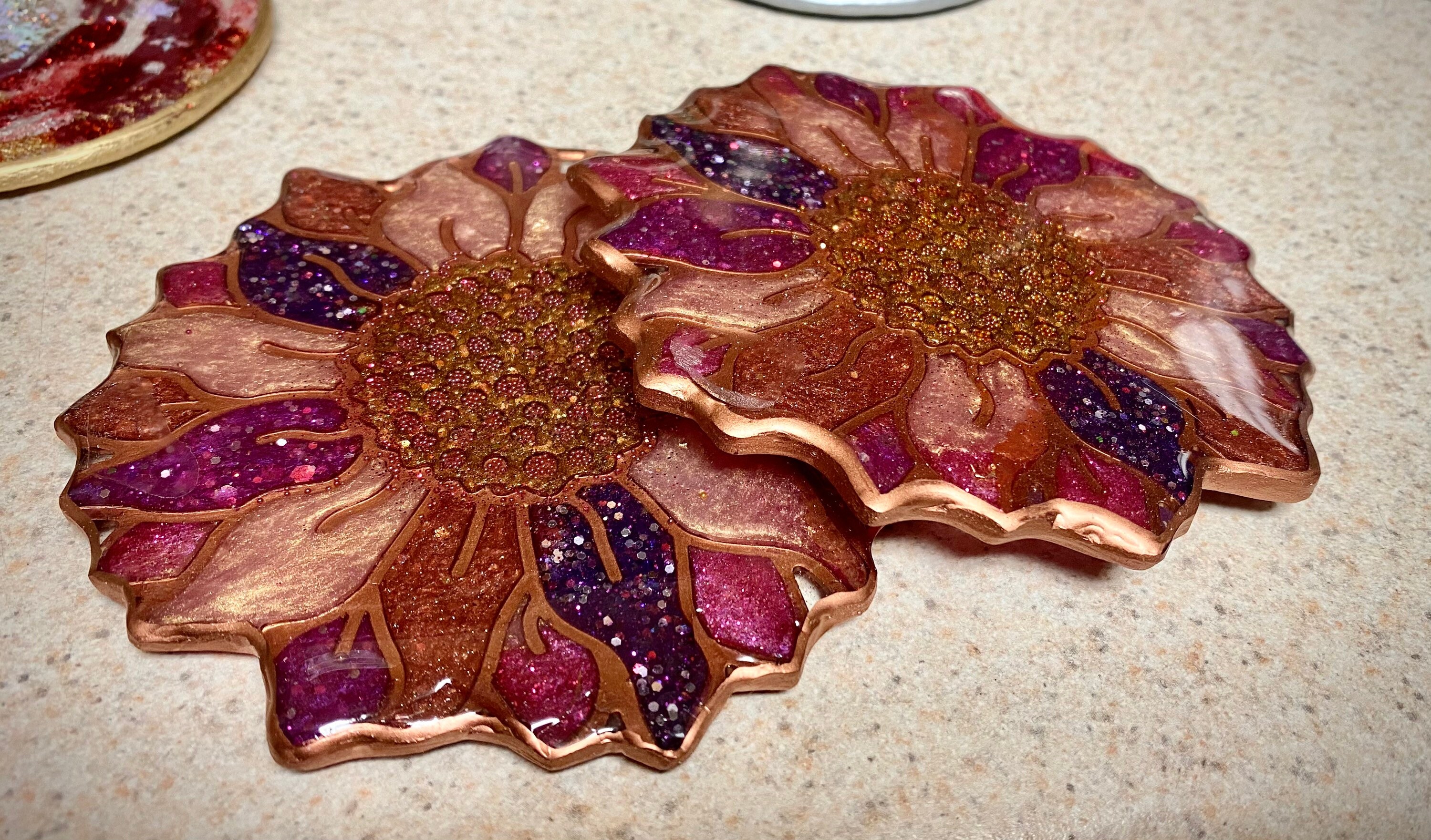 Set of 2 Flower Resin Coasters in Purple, Magenta, Rose Gold, With ...