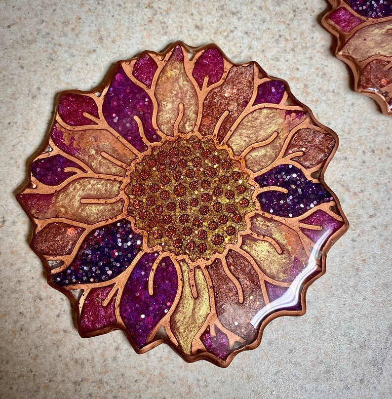 Set of 2 Flower Resin Coasters in Purple, Magenta, Rose Gold, With ...