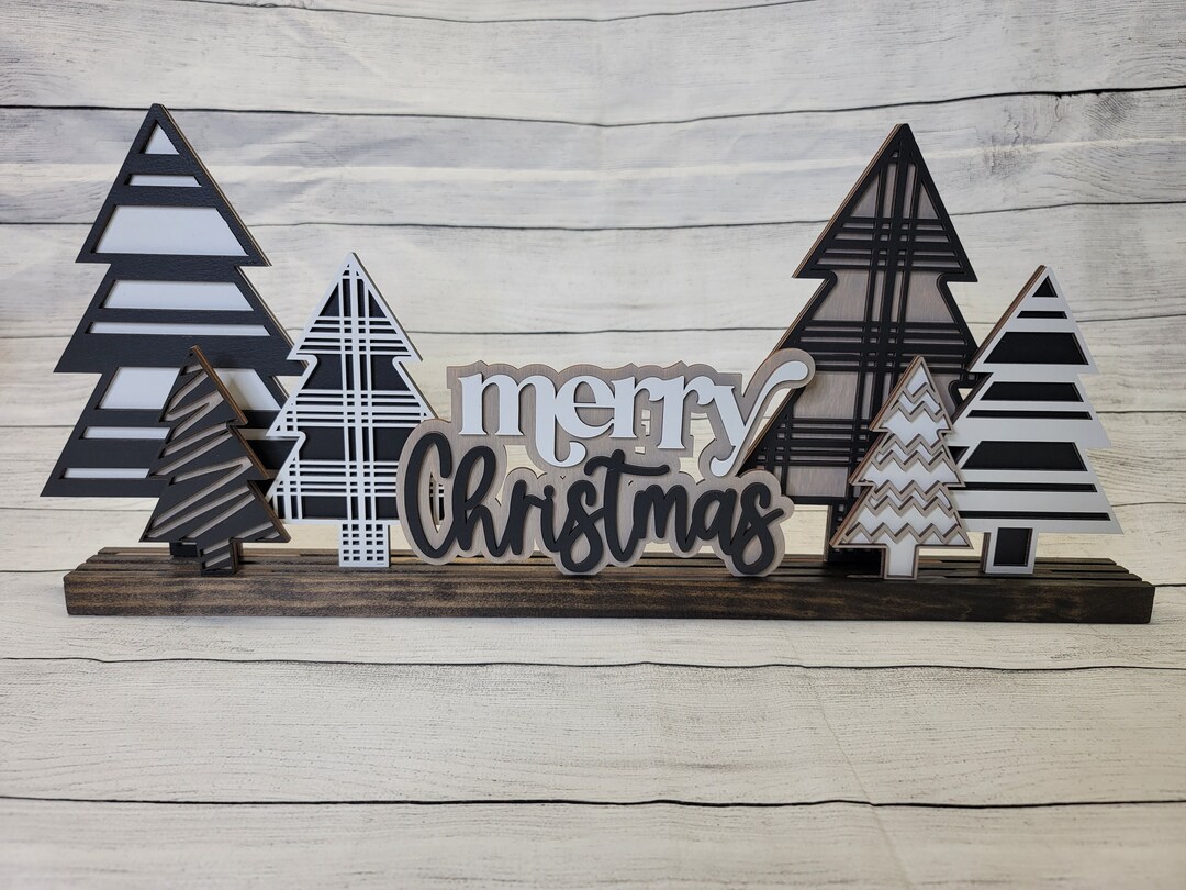 Merry Christmas and Layered Trees Laser Standers Monochrome - Etsy