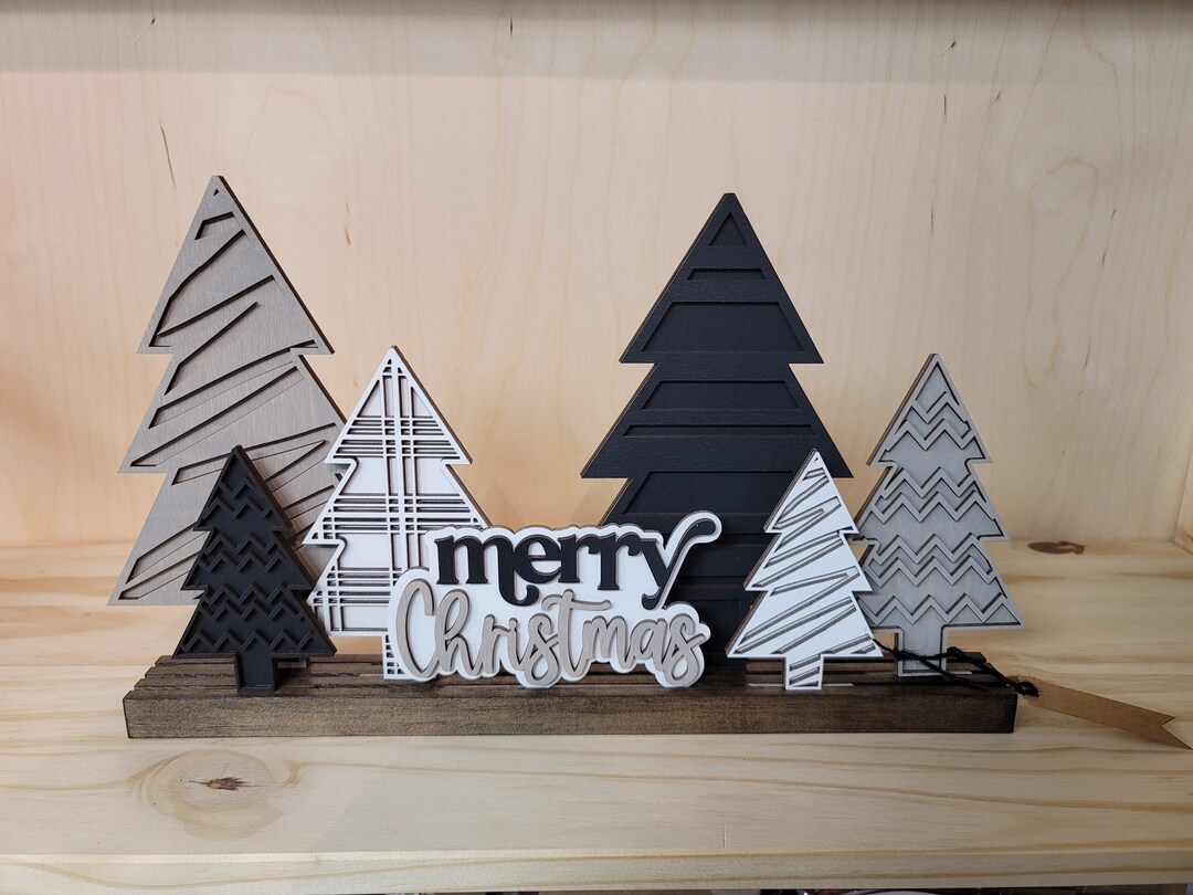 Merry Christmas and Layered Trees Laser Standers, Monochrome Christmas ...