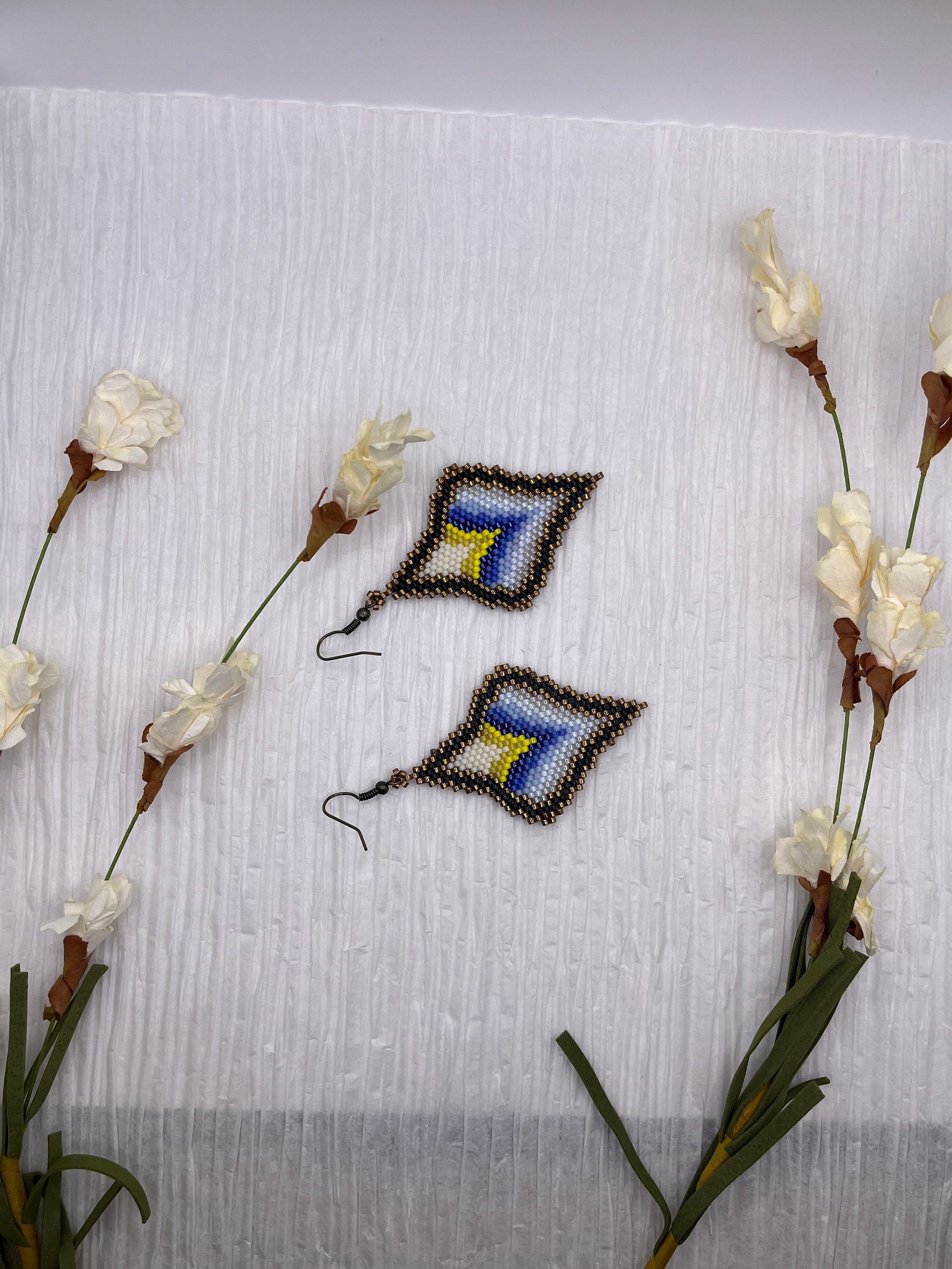 Hand Beaded Dangle Bargello Style Earrings in Shades of Blue and Yellow ...