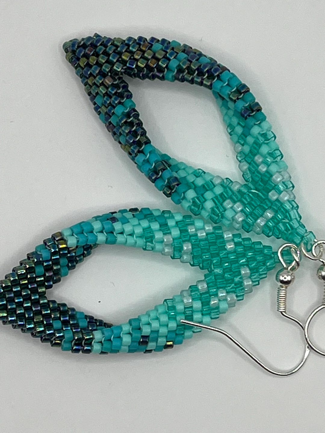 TURQUOISE RHOMBUS EARRINGS Handmade Folded Leaf Twisted Peyote Dangle ...