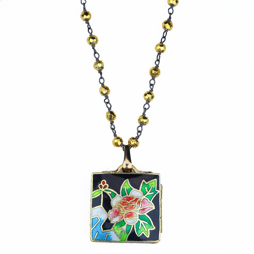 Enamel Cloisonné Square Locket Necklace / 14K Gold Plated 925 Sterling ...