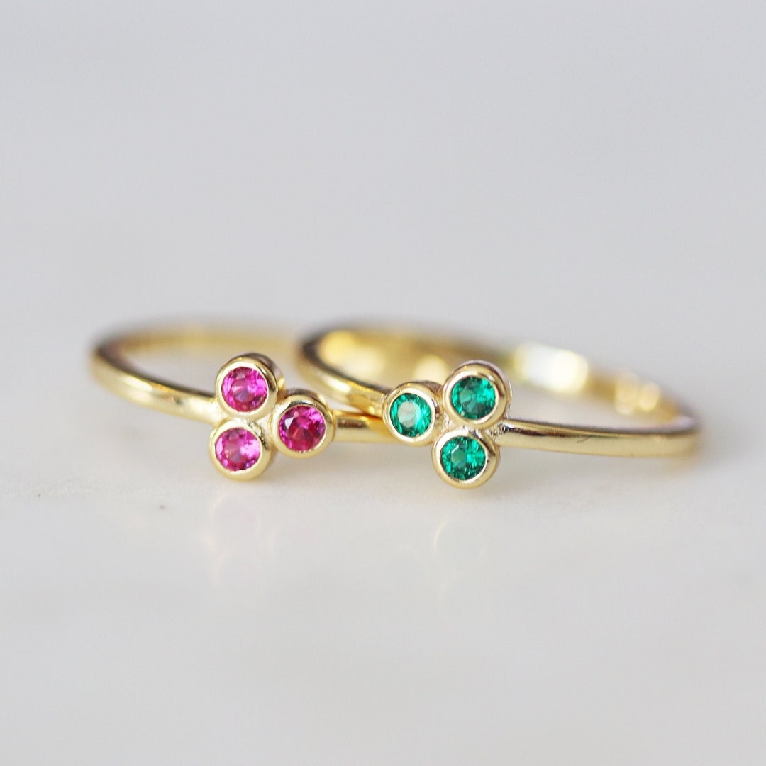 Triple Berry Ring / Dainty Trio Gem Ring / Ruby Emerald Swarovski ...