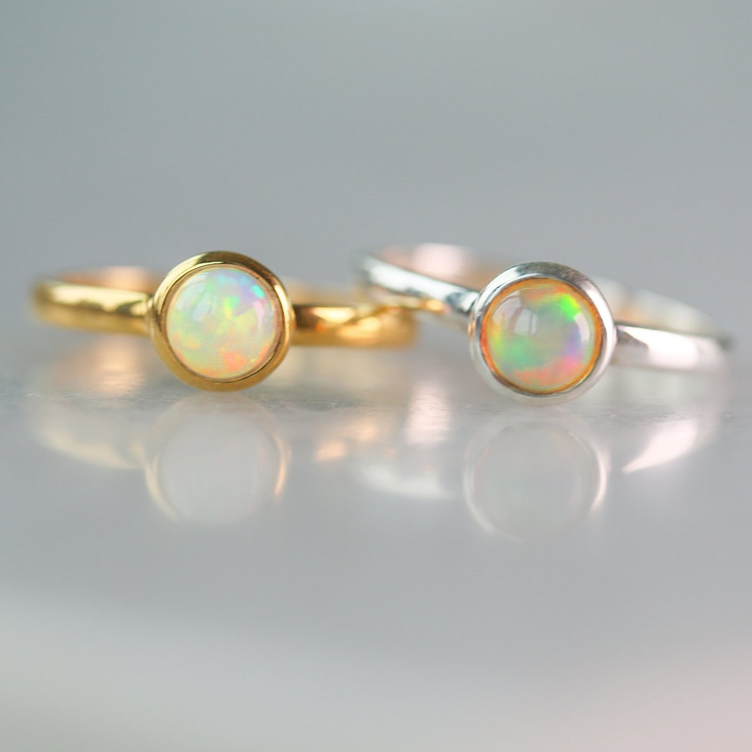 Tiny Ethiopian Opal Ring / Ethical Gemstone / Dainty Natural Opal Rainbow / Sterling Silver Opal ...
