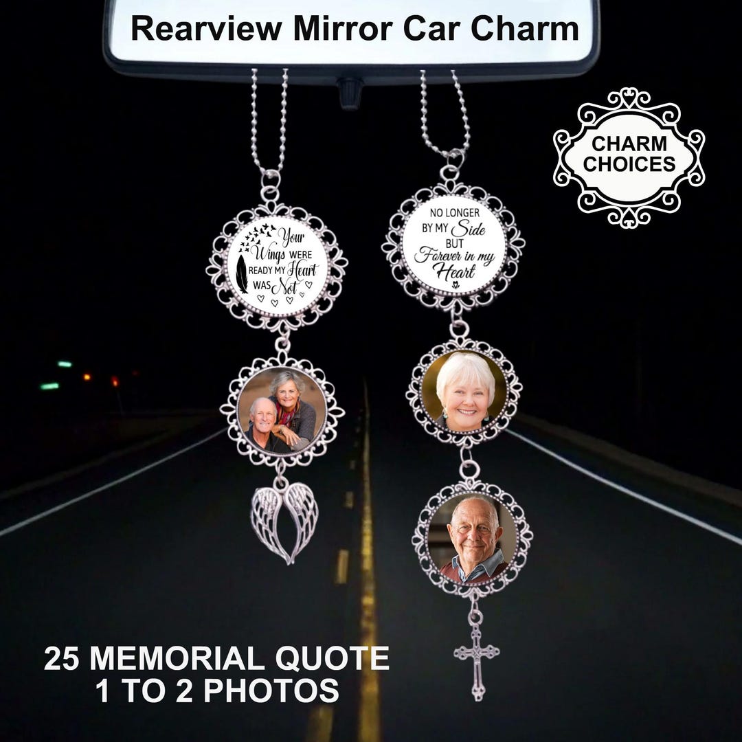 Memorial Photo Rear View Mirror Car Memorial Charm, Angel Wings, Quote ...