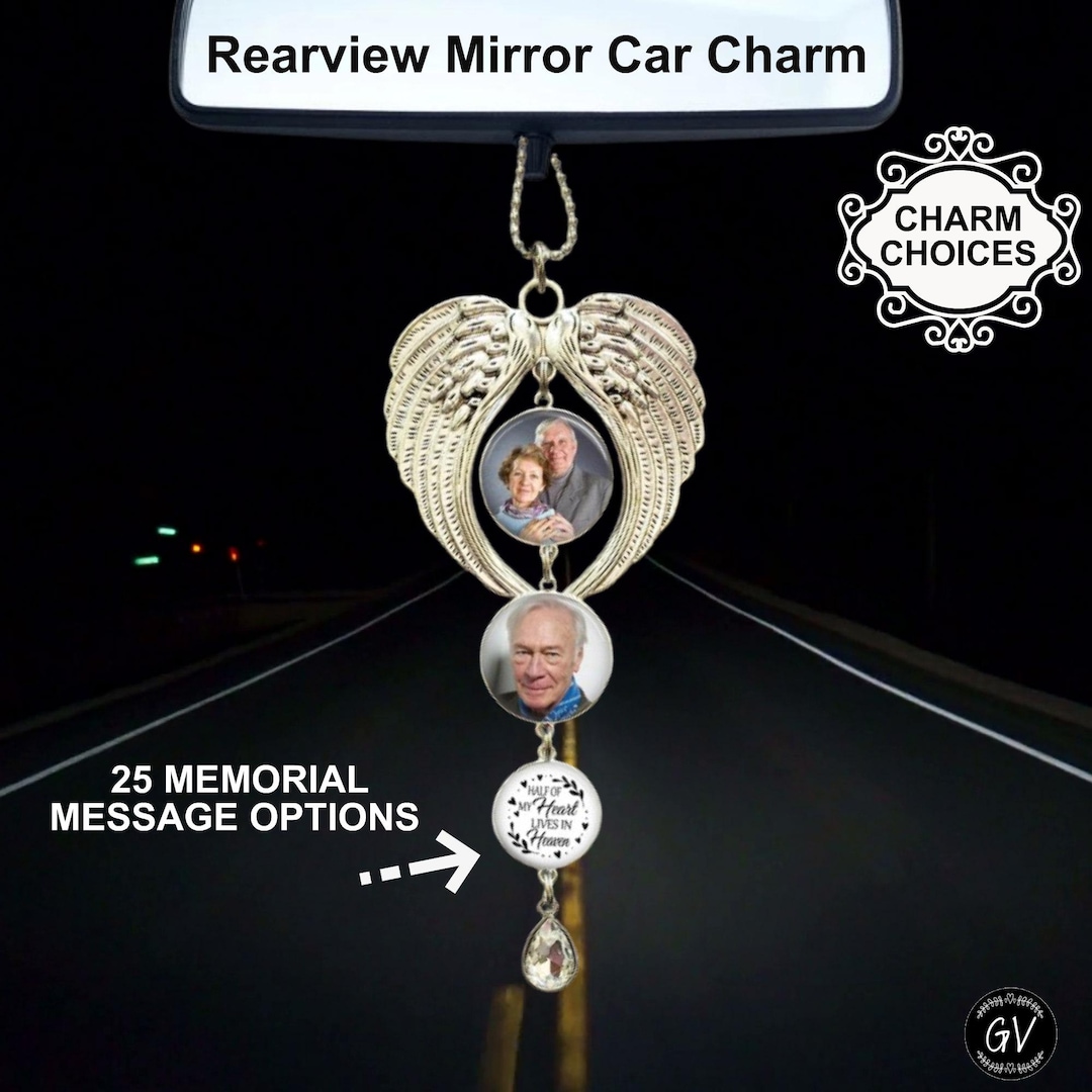Memorial Two Photo Car Rear View Mirror Angel Wing Charm, Message Quote ...