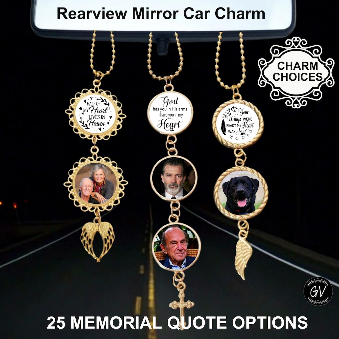 Memorial Photo Rear View Mirror Car Memorial Charm, Gold Angel Wings ...