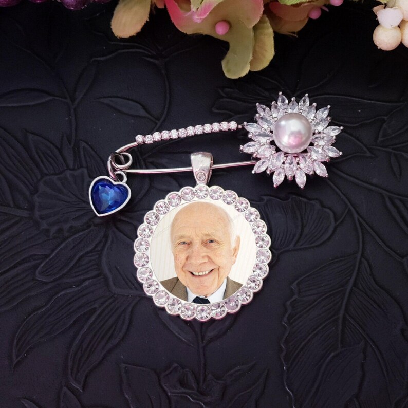 Memorial Photo Wedding Bouquet Charm, Rhinestone Pearl Pin to Attach ...