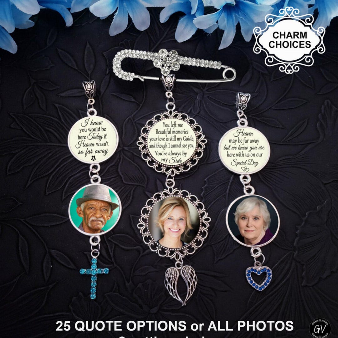 Silver Wedding Bouquet Photo Picture Memorial Charm, Rhinestone Brooch ...