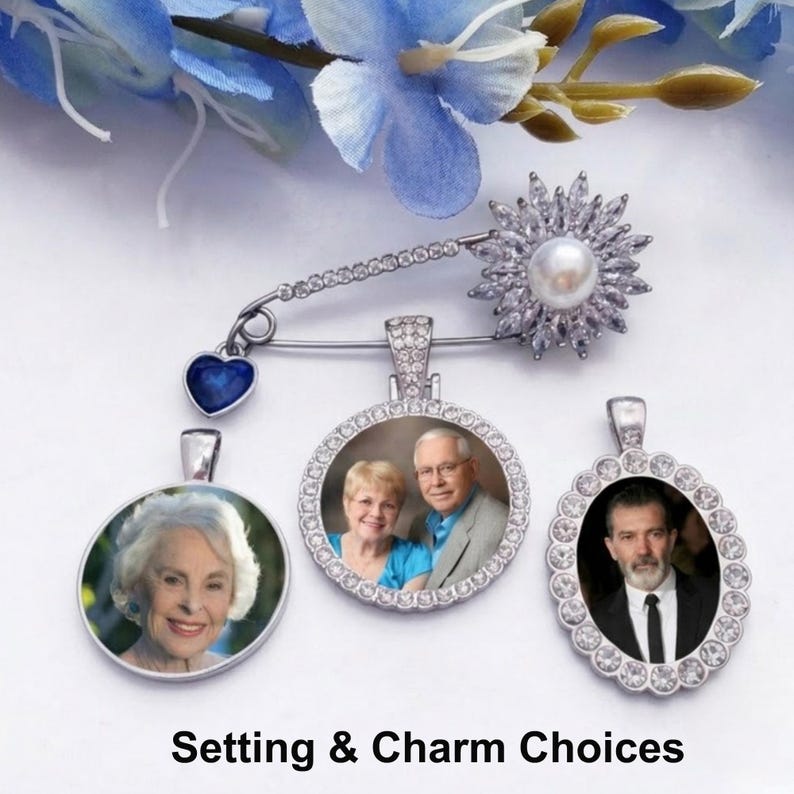 Memorial Photo Wedding Bouquet Charm, Rhinestone Pearl Pin to Attach ...