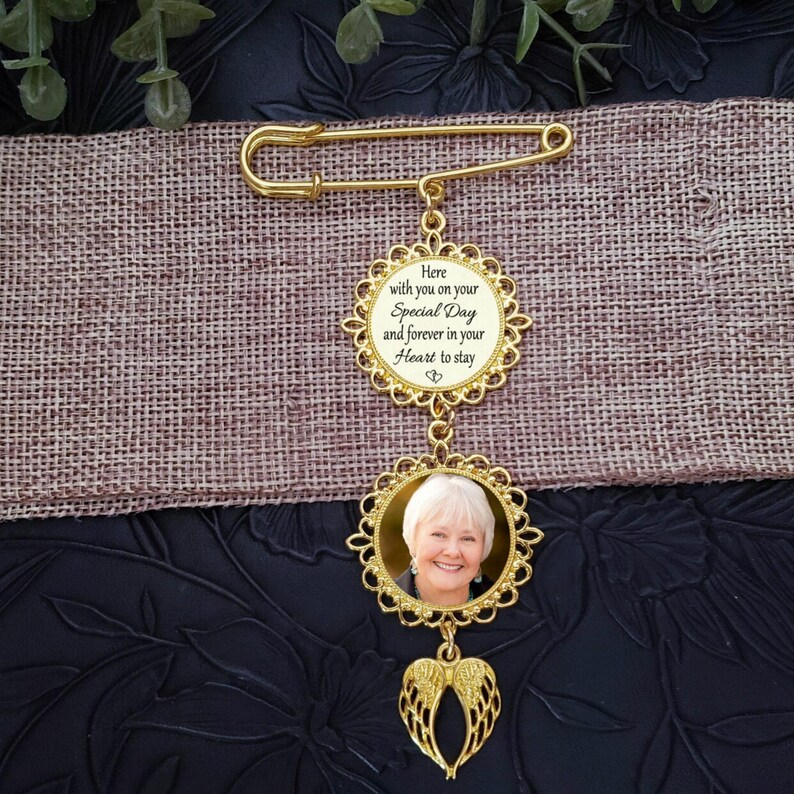 Gold Memorial Wedding Bouquet Lapel Photo Pin, Quote Message, Gift for ...