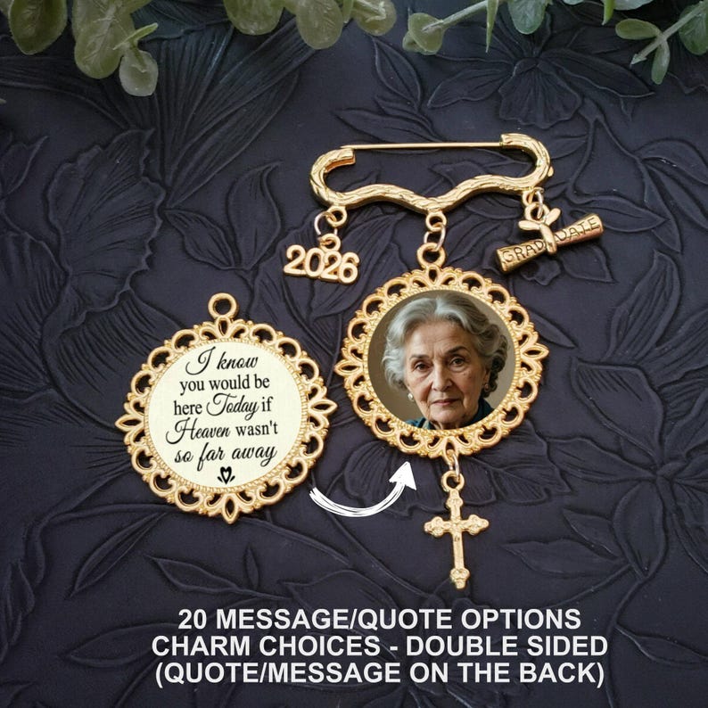 Graduation Memorial Photo Gown Charm Pin, Gold, Double Sided, Quote ...